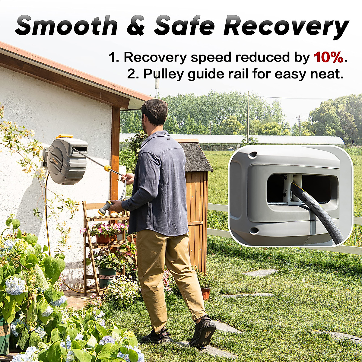 GLAHODEN Retractable Garden Hose Reel, 5/8in x 100ft+6ft 2 Year Anti-fading Water Hose Reel, Patented Design for Any Length Lock Slow Return System Increase Flow Rate By 20% Hose Reel Wall Mount