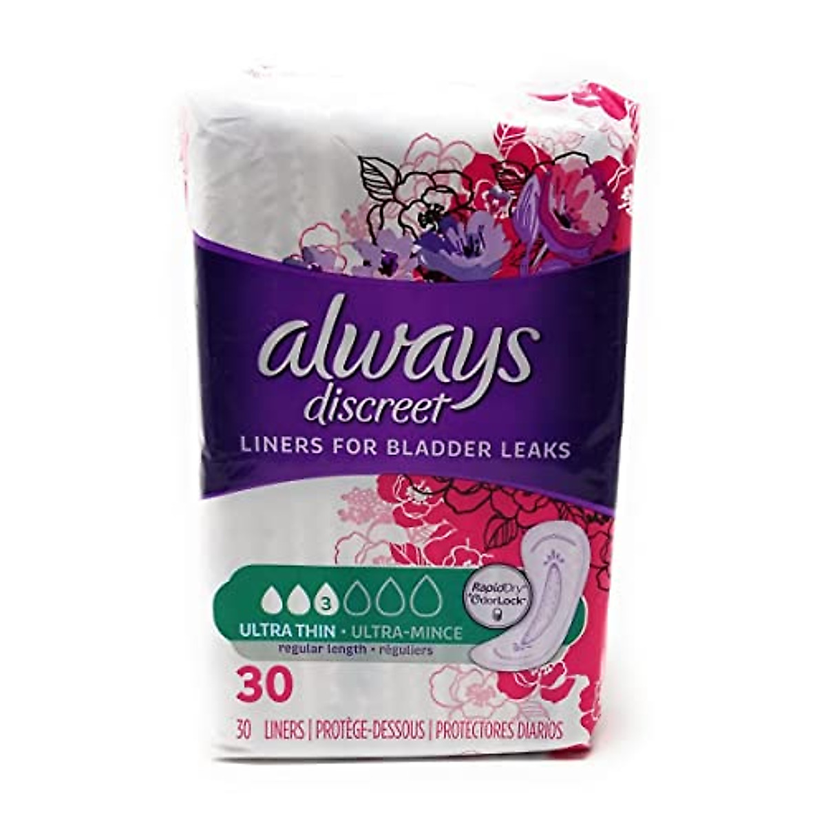 Always Discreet, Incontinence Light Pads, 3 Drops, 30 Pads each (Value Pack of 2)
