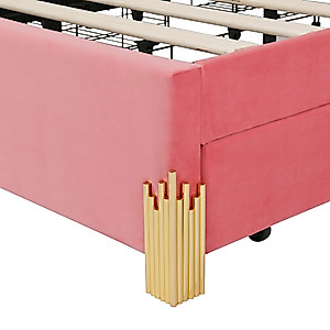 YOPTO Queen Size Velvet Upholstered Platform Bed with LED Lights and 4 Storage Drawers, w/Headboard & Slat Supports,Stylish Irregular Metal Bed Legs Design,for Kids Teens Adults,Pink