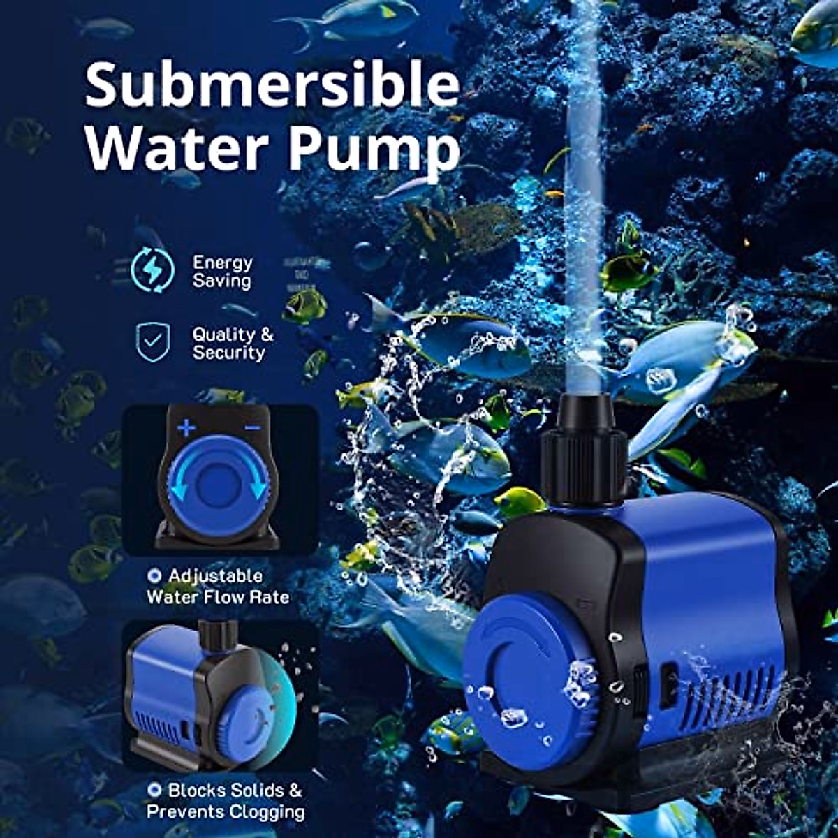 Flexzion 320 GPH Submersible Water Pump, Garden Fountain Pump Submersible Aquarium Waterpump with Adjustable Flow Rate and Suction Cup Mount for Aquarium, Fish Pond, Fish Tank, Outdoor, Hydroponics