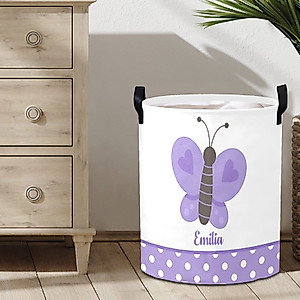 Personalized Laundry Basket Hamper,Butterfly Dots Purple,Collapsible Storage Baskets with Handles for Kids Room,Clothes, Nursery Decor
