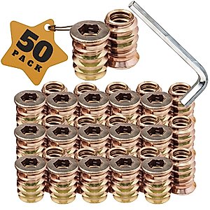 50 Pieces Threaded Wood Inserts, 1/4"-20 x 15mm Furniture Screws in Nut Threaded Inserts with Hex Socket, Zinc Plated - for Wooden Furnitures, Products, and Model, One Allen Wrench Included
