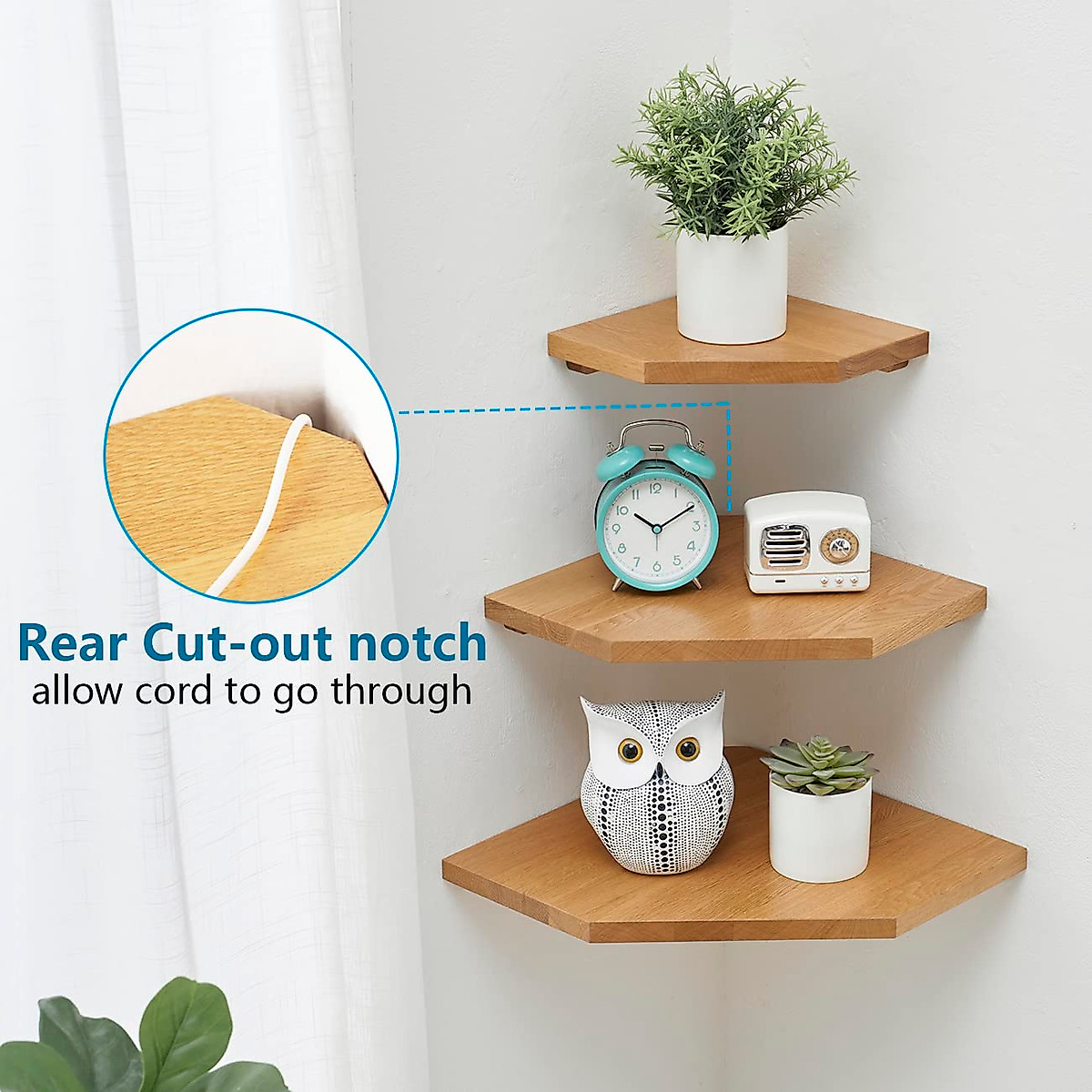 Corner Wall Shelf, Corner Floating Shelves Set of 2 Solid Oak Wood Corner Shelves Wall Mount Display Shelf with Wire Hole Small Plant Display for Kitchen Living Room Bedroom