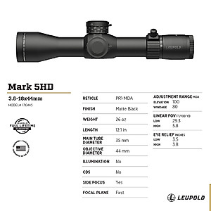 Leupold Mark 5HD 3.6-18x44mm M1C3 FFP Side Focus Riflescope, PR1-MOA Reticle