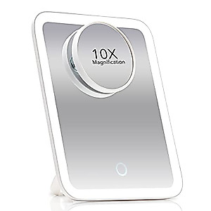 Fancii Portable LED Makeup Mirror with 3 Adjustable Light Settings, 1x Large Mirror & Detachable 10x Magnifying Mirror - Cordless Lighted Mirror for Travel, 360° Rotatable Kickstand - Aura Go (White)