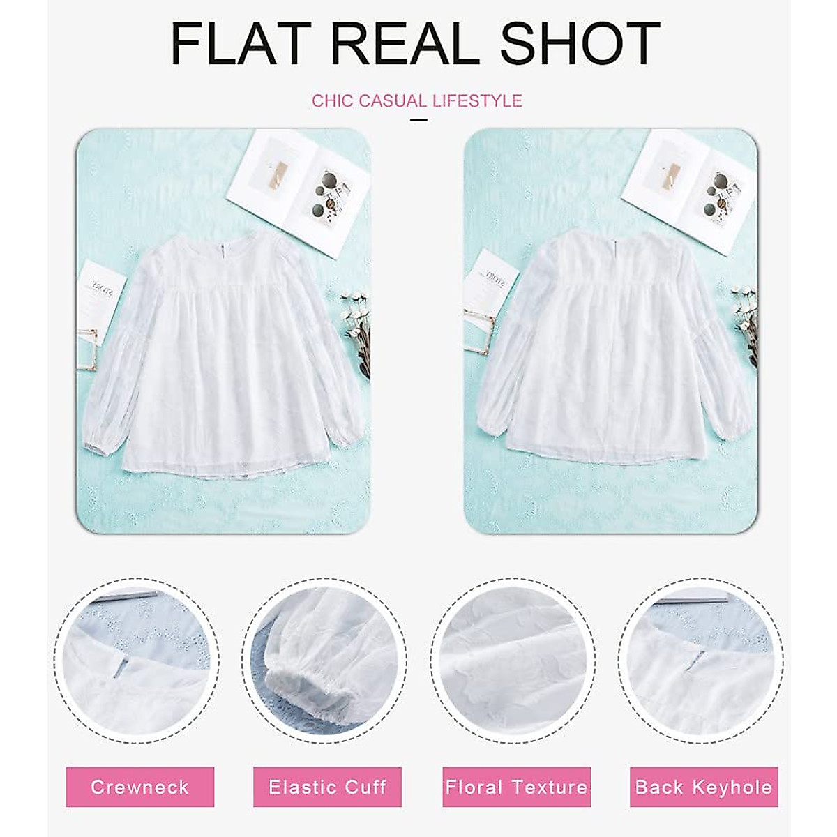 Dokotoo Women’s Floral Textured Babydoll Blouses for Women Lantern Long Sleeve Crewneck Summer Lace Tops Casual Loose Flowy Shirts for Women White Medium