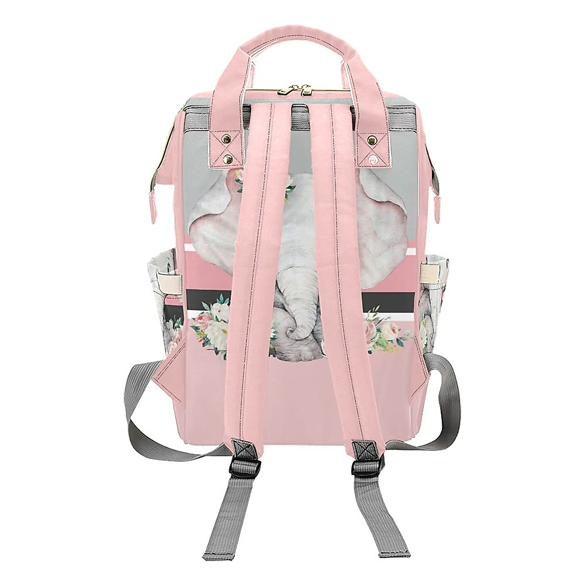 Grandkli Grey Pink Floral Elephant Personalized Diaper Bag Multi-Function Backpack Nappy Bag Travel DayPack for Unisex, One Size