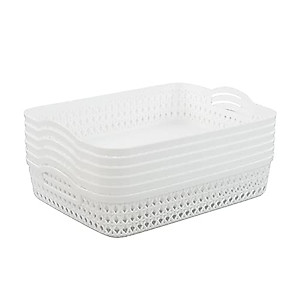 Sandmovie Plastic Woven Storage Basket Tray with Handles, White, 6 Packs