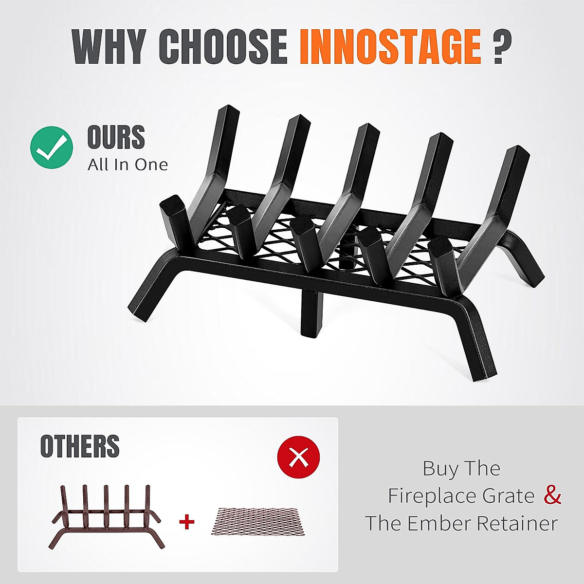 INNO STAGE Fireplace Grates with Ember Retainer - 17 Inch Fireplace Log Grate, Firewood Wood Log Holder Rack, Inside Wrought Cast Iron Fire Grate for Hearth Indoor Outdoor Camping