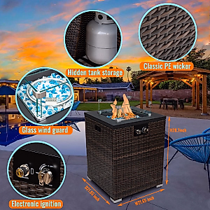 Senjoys 22in Outdoor Propane Gas Fire Pit Table, 40,000 BTU Auto-Ignition Gas Firepit with Glass Wind Guard, Painted Steel Tabletop, Mixed Color Glass Rocks, Brown PE Rattan