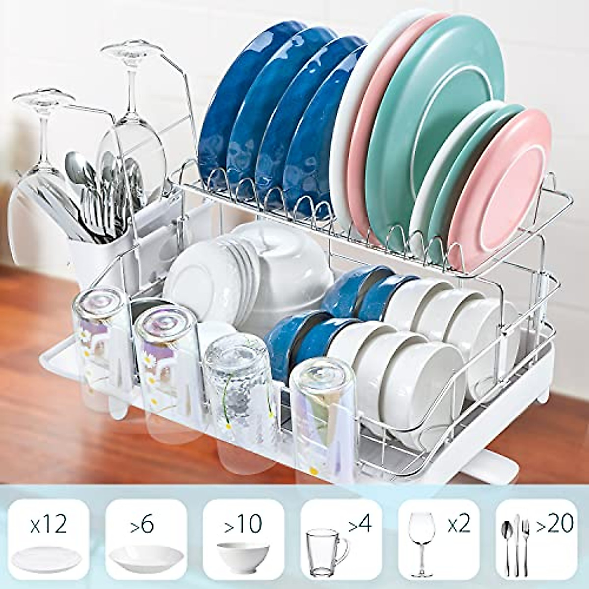 Ohuhu Dish Drying Rack with Drainboard, 2-Tier Stainless Steel Dish Racks with 360-Degree Swivel Spout & Utensil Holder, Large Dish Drainer for Kitchen Counter,27" x 13" x 13"