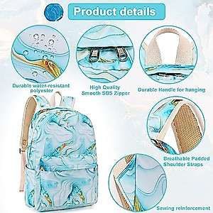 School Backpack Girls Blue Marble Bookbag Teens Water-resistant Schoolbag Kids Insulation Lunch Bag and Pencil Case