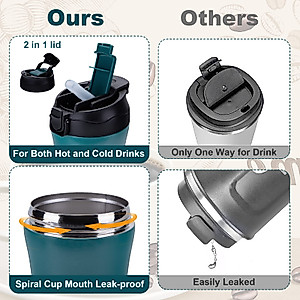 Travel Coffee Mug, 2 Pack Vacuum Insulated Coffee Travel Mug Spill Proof with Lid and Straw, 14 oz Reusable Coffee Tumbler for Keep Hot/Ice Coffee,Tea and Beer, Car Thermos Cup Gift for Christmas