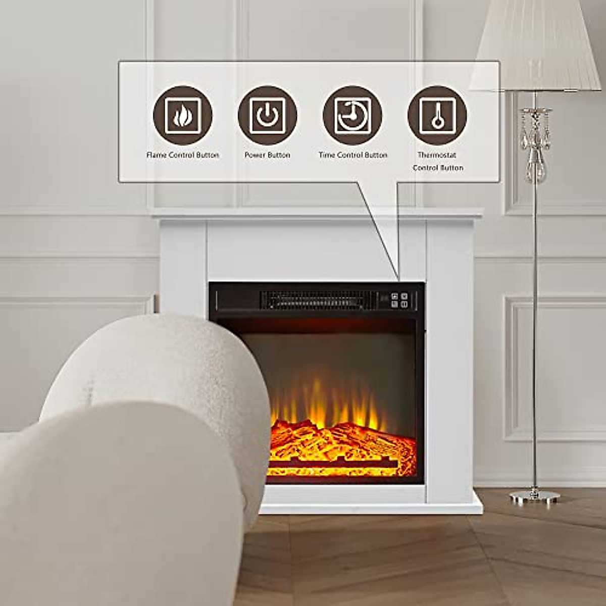 1400W Electric Fireplace Mantel Heater, Freestanding Space Stove with Remote Control & Realistic Flames,Electric Fireplace Insert,Fireplace Insert,Livingroom,Kitchen,Dining Rooms,Teel,25 Inch,White