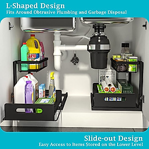 Shinhadi Under Sink Organizer Pull Out Cabinet Organizer 2-Tier Slide Out Sliding Shelf Under Cabinet Storage Multi-Use for Under Kitchen Bathroom Sink Organizers and Storage（Black）