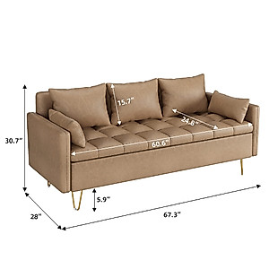 Couch, 3-Seat Faux Leather Sofa with Lift-Up Storage Box, Thick Foam Cushion with Button Tufted Design, and Gold Metal Leg, Couches for Living Room, Apartment, Office (Light Brown)
