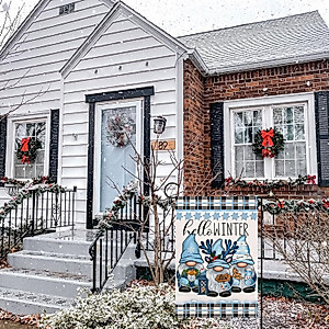 Gnome Garden Flag - Hello Winter Snowflake Garden Flags 12x18 Double Sided Christmas Yard Flag Buffalo Plaid Burlap Farmhouse Welcome Decorative Flags for Outside Outdoor Lawn Xmas Decoration