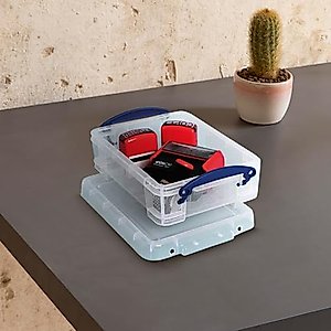 Really Useful Box 1.75 Liter Plastic Stackable Storage Container with Snap Lid & Built-In Clip Lock Handles for Home or Office Organization, 4 Pack