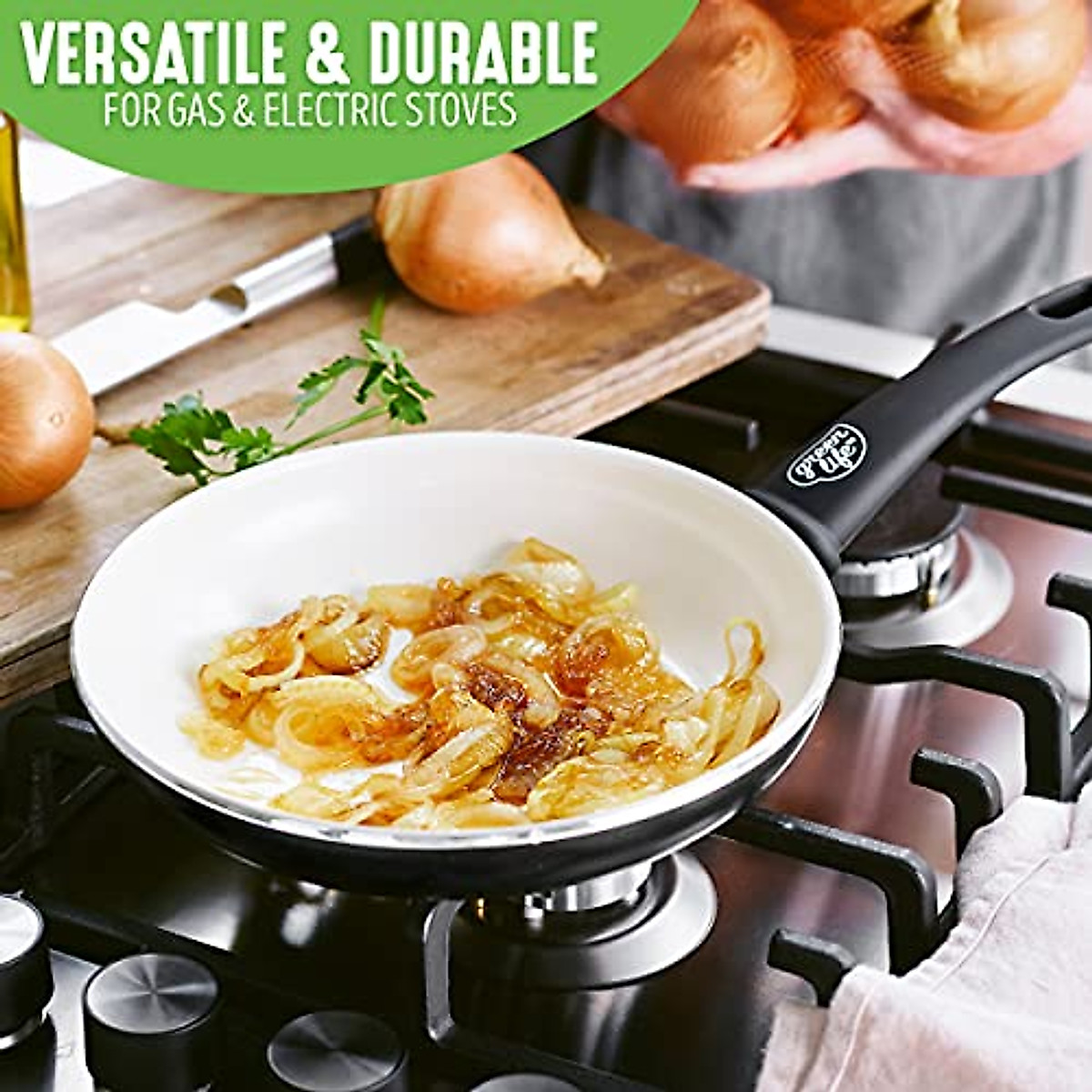 GreenLife Soft Grip Healthy Ceramic Nonstick 7" and 10" Frying Egg Omeltte Pan Skillet Set, PFAS-Free, Dishwasher Safe, Black and Cream