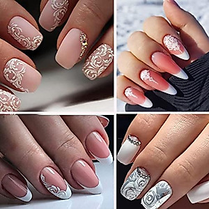 Flower Nail Art Stickers Decals, 8 Sheets 5D Engraved Flower Nail Decals White Wedding Nail Art Accessories French Tips Nail Designs Self Adhesive Lace Flower Carving Nail Stickers for Women Girls