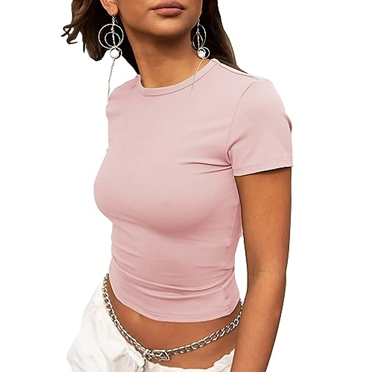 PRIMODA Women's Short Sleeve Slim Fitted Tee Shirt Top Basic Casual Crew Neck Workout Crop Top (Pink L)