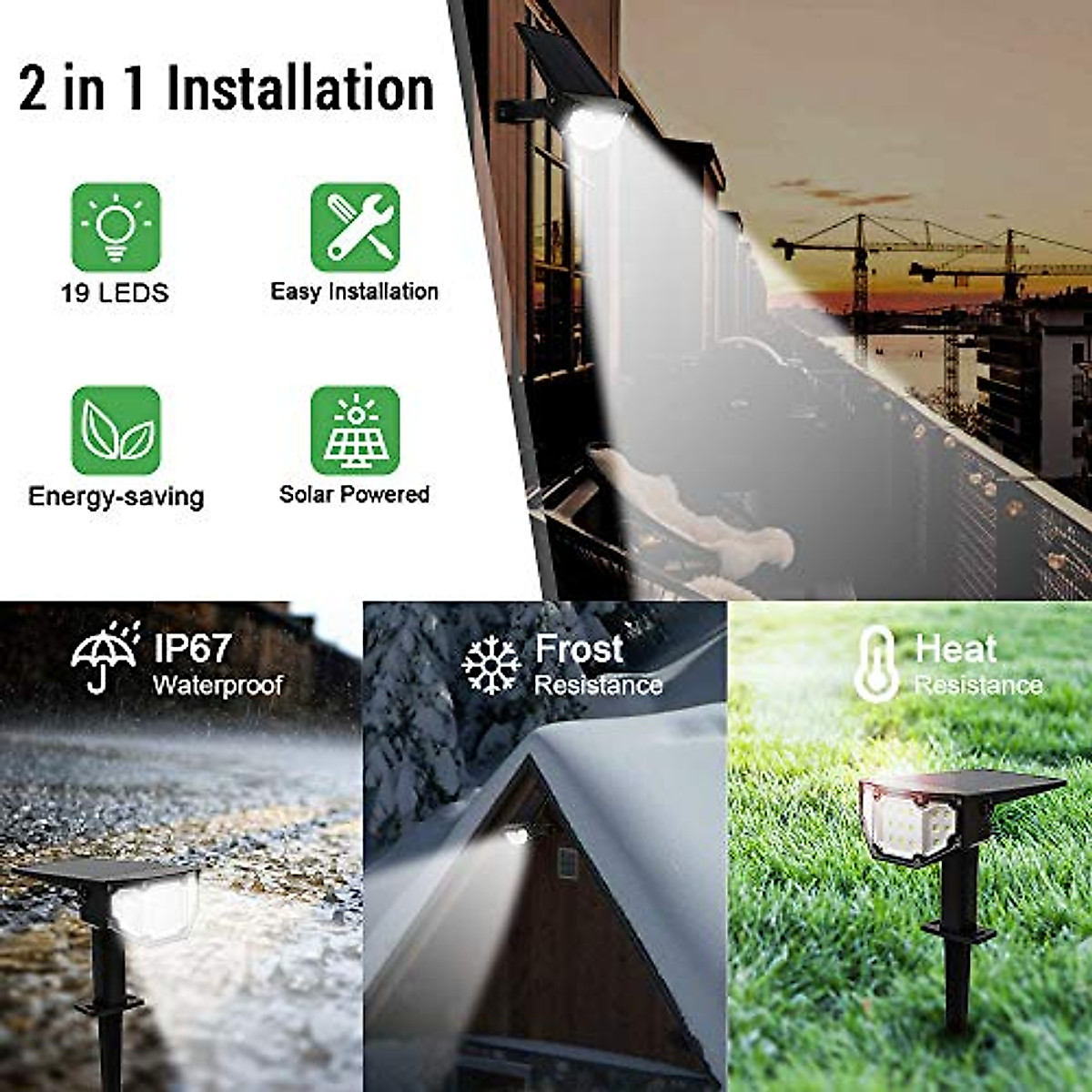 Solar Spotlights Outdoor Solar Landscape Lights Dusk to Dawn Outdoor 19 LED 2-in-1 Adjustable Solar Uplights Outdoor Solar Wall Lights Outdoor for Yard Garden Driveway Walkway Cold White