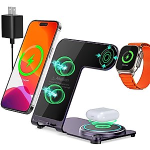 3 in 1 Charging Station Apple Purple - Mlfsaier 𝐀𝐥𝐮𝐦𝐢𝐧𝐮𝐦 𝐀𝐥𝐥𝐨𝐲 Multiple Fast Wireless Charger Stand for Apple Watch & Airpods iPhone 15 14 13 12 11 Pro X Max XS XR 8 7 Plus Nightstand