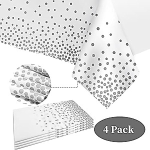 Paready White Silver Plastic Tablecloth 4 Pack 54" x 108", White Disposable Tablecloth with Silver Dot Confetti, Rectangular Plastic Table Cover for Parties, Birthday, Wedding, Graduation, Anniversary