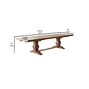 Benjara Som 94-126 Inch Dining Table, 2 Draw Leaf Extension, Pedestal, Brown Wood