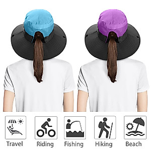 IYEBRAO 2 Pack Womens Ponytail Sun Hat UV Protection Bucket Hats Foldable Wide Brim Summer Boonie Beach Cap Fishing Hiking(Purple & Sky Blue)