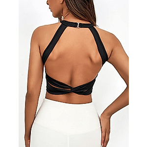 Milumia Women Contrast Mesh Backless Sports Bra Cut Out Halter Padded Workout Bras Black X-Large