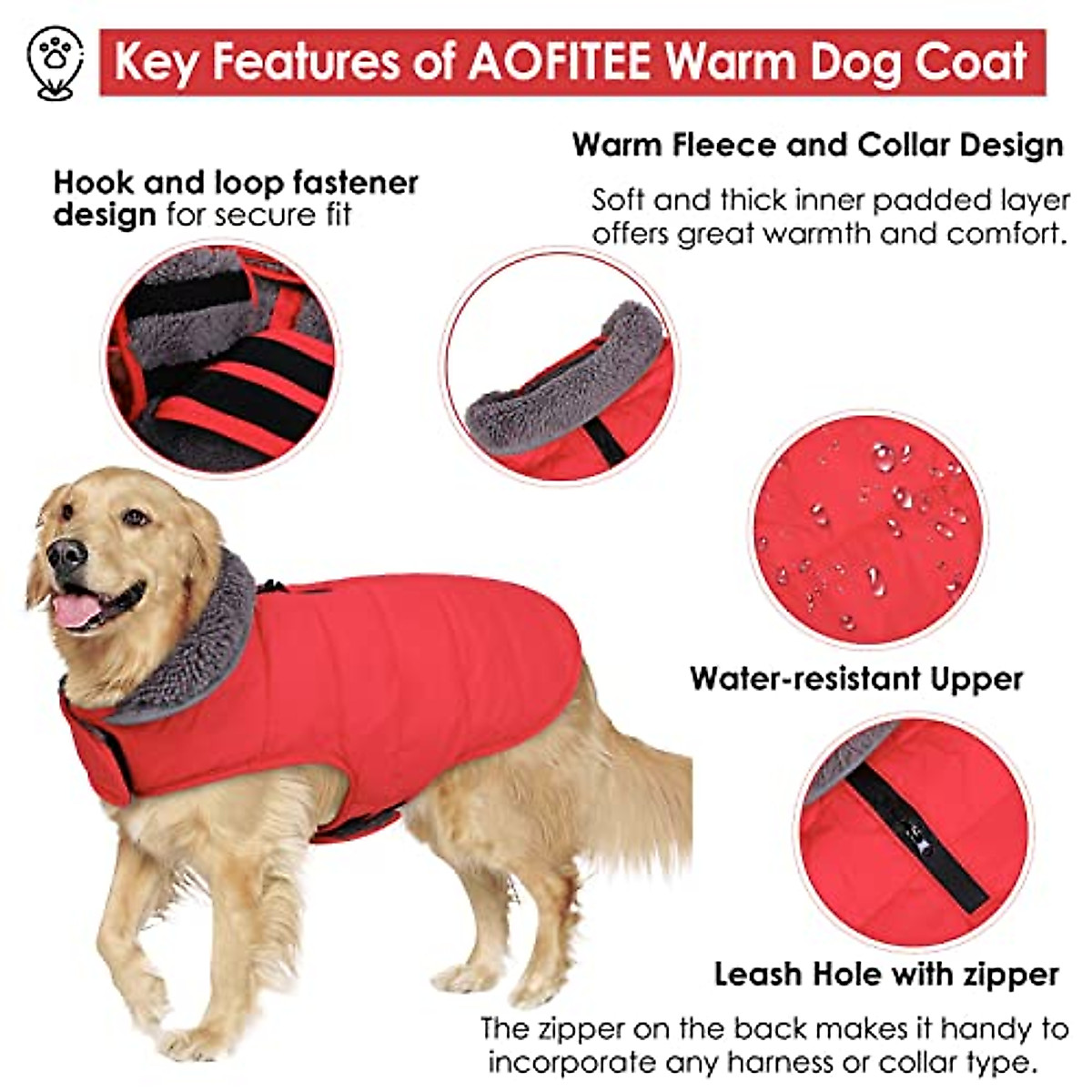 AOFITEE Dog Coat, Winter Dog Jacket Windproof Fleece Cold Weather Coats for Dogs, Warm Dog Winter Vest with Collar & Zipper Leash Hole, Outdoor Pet Apparel for Small Medium Large Dogs, Red 3XL
