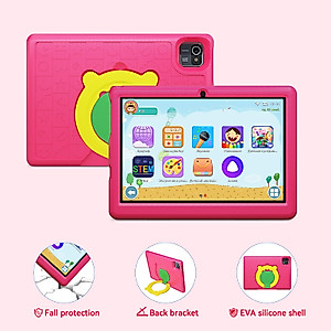 Freeski 10-inch Kids Tablet with Android 12, HD IPS Display Tablet for Kids, 2GB RAM, 32GB ROM, Quad-Core Processor, Kidoz Pre Installed, Parental Control, Kid-Proof Case (Pink)