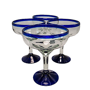 EMPORION Set of 4 Hand-Blown Margarita Glasses from Mexico with Cobalt Blue Rim - Rustic & Handcrafted Recycled Bubble Glass Drinking Glassware - 14 Oz