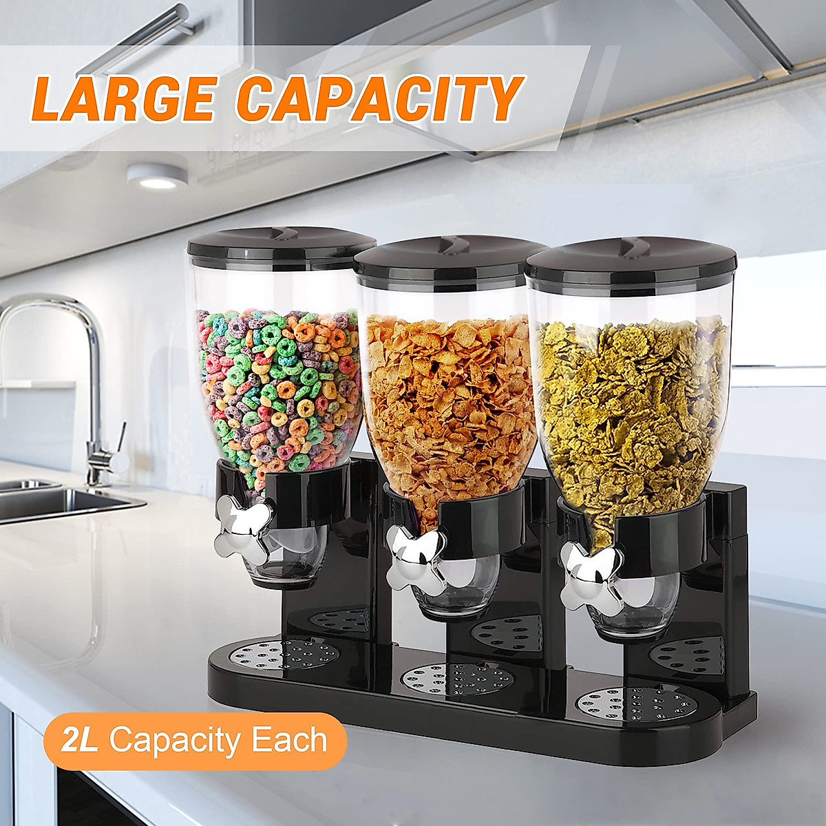 Sishynio Cereal Dispenser for Countertop, Dry Food Dispenser 2L Capacity, Triple Compartment, Airtight Food Storage Container for Rice, Cereal, Nuts