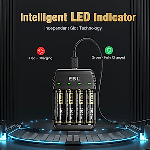 EBL Rechargeable AA Batteries with 4 Bay Ni-Zn/Ni-MH Battery Charger - 4 Pack 3000mWh - 1.6V Double A Battery High Performance and AA AAA Battery Charger