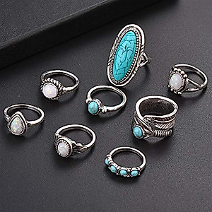 SOURBAN 8 Pcs Imitation Turquoise Finger Rings Set Women Vintage Hollow Wide Party Wedding Rings