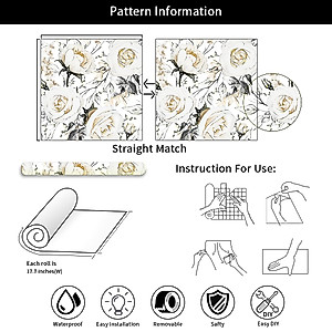 BEETAL Vintage Pale White/Yellow Floral Peony Flowers Rose Grey Leaf Peel and Stick Wallpaper Easy Peel Off Contact Paper Stick on Adhesive Wall Paper for Bathroom Waterproof Renter Friendly