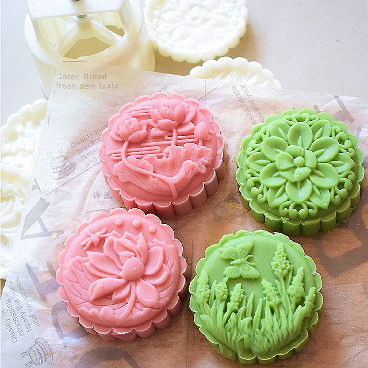 OTGO 200g Hand Press Mooncake Mould Mold - 4 PCS Stamps - Moon Cake Maker Mold for Mid-Autumn Festival Cake Biscuit Cookie DIY Baking