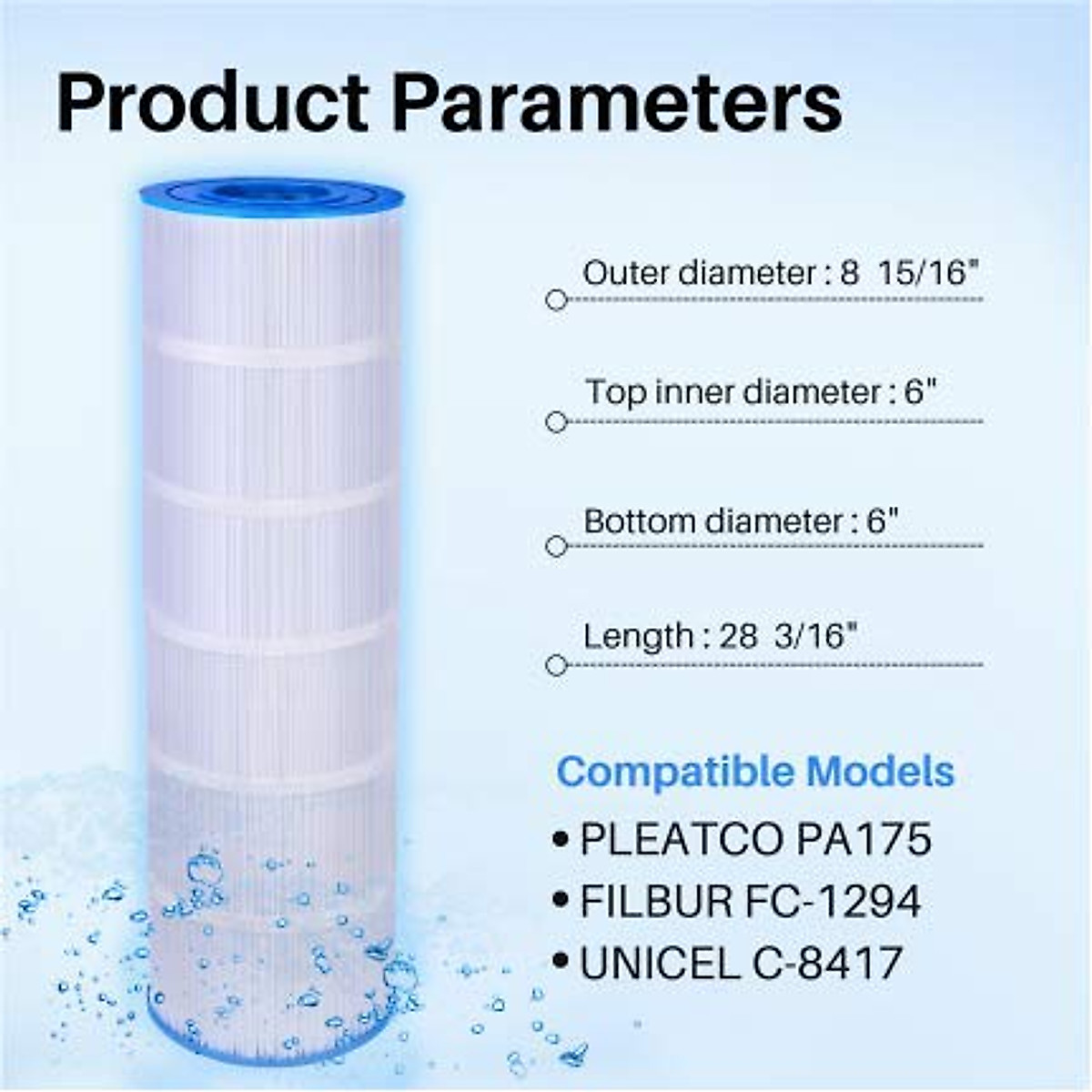 TOREAD Pool Replacement Filter for PA175, Hayward CX1750RE, C1750, Unicel C-8417, Filbur FC-1294, 25230-0175S, 817-0175P, Aladdin 27501, L x OD: 28 3/16" x8 15/16"