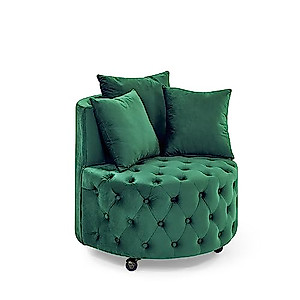 Tmsan Modern Swivel Chair, 30'' Green Velvet Barrel Chair with 3 Pillows, 360° Rotating Wheels for Living Room, Bedroom