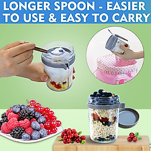 LEFIMOT Overnight Oats Containers with Lids, Spoons, 4 Pack Oats Jars 12 oz Reusable Large Capacity Airtight Oatmeal Container with Measurement Marks for Cereal Yogurt, Milk, Salads, Fruit(Grey)