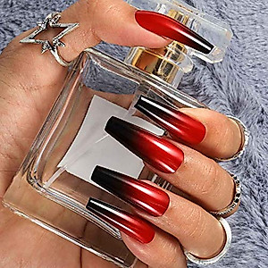 Outyua Halloween Red Black Press on Nails Ombre Coffin Fake Nails Long False nails with Designs Acrylic Witch Ghost Nails for Women and Girls 24Pcs (Red & Black)