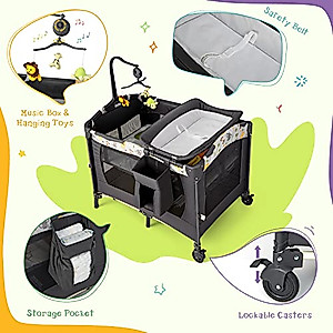 HONEY JOY Pack and Play, 4 in 1 Baby Bedside Sleeper w/Diaper Changing Table & Storage Bag, Toy Rack & Music Box, Portable Baby Playard with Bassinet, Carry Bag for Newborn to Toddlers (Gray)