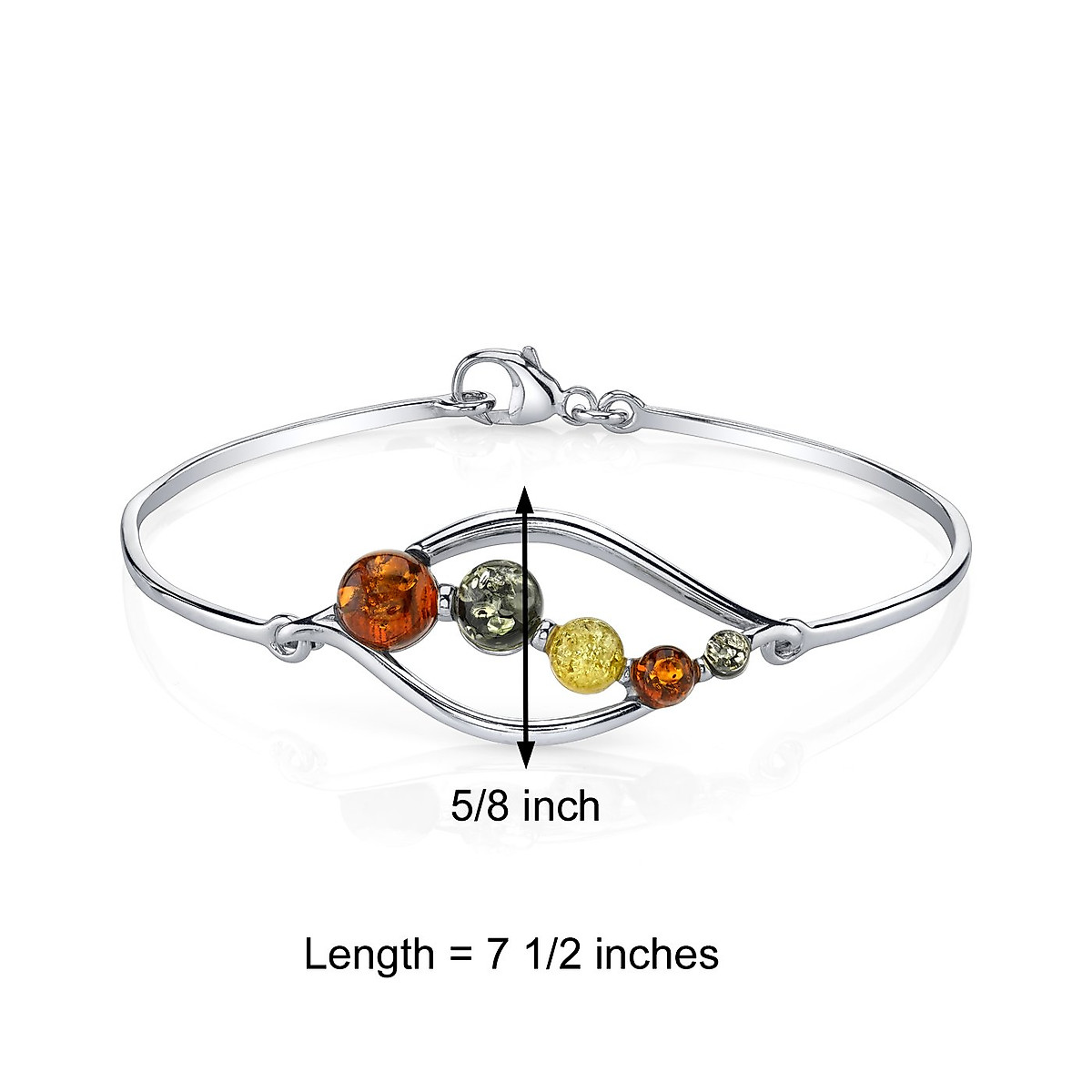 PEORA Genuine Baltic Amber 5-Stone Open Leaf Bangle Bracelet for Women 925 Sterling Silver, Rich Cognac, Olive Green and Honey Yellow Colors, 7 1/2 inch length