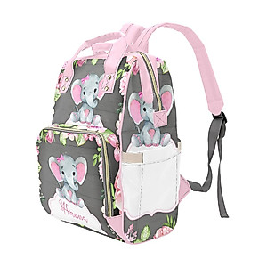 SunFancy Pink Flower Elephant Personalized Diaper Backpack Custom Mommy Bag Unisex Travel Daypack for Mom Dad Boy Girl