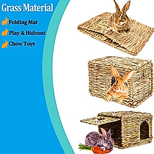Extra Large House for Rabbits, Hand Crafted Natural Grass Bed Hideaway Hut with Chew Toys for Play Sleep Bunny Guinea Pig Chinchilla Ferret