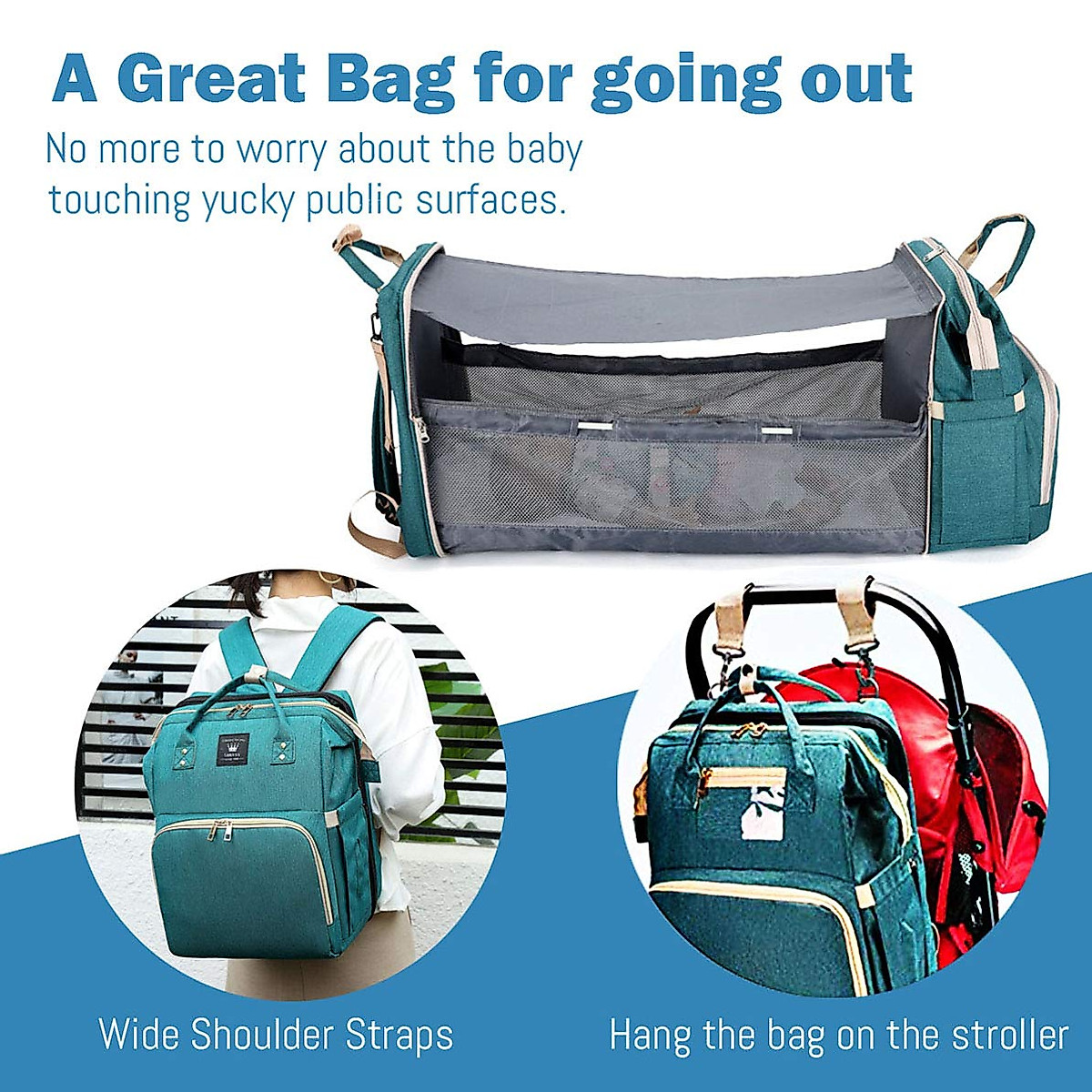 Jeryswet Diaper Bag with Changing Station, Baby Bag, Diaper Bag Backpack, Baby Bag with Built-in USB Charging Port and Stroller Straps Large Capacity Waterproof, Green