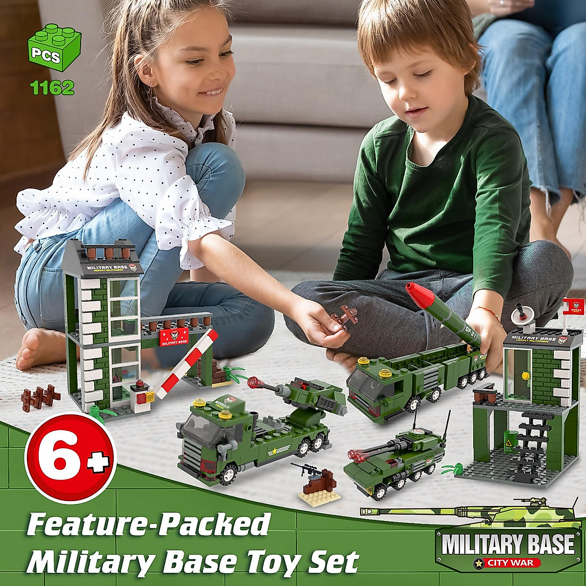 WishaLife City War Military Base Building Set with Army Car, Tank, Airplane, Helicopter, Military Toy Gift for Kids Boys Age 6+ (1162 PCS)