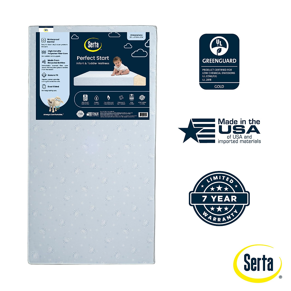 Serta Perfect Start Dual Sided Baby Crib Mattress & Toddler Mattress - Waterproof - Hypoallergenic - Premium Sustainably Sourced Fiber Core  GREENGUARD Gold Certified – 7 Year Warranty - Made in USA